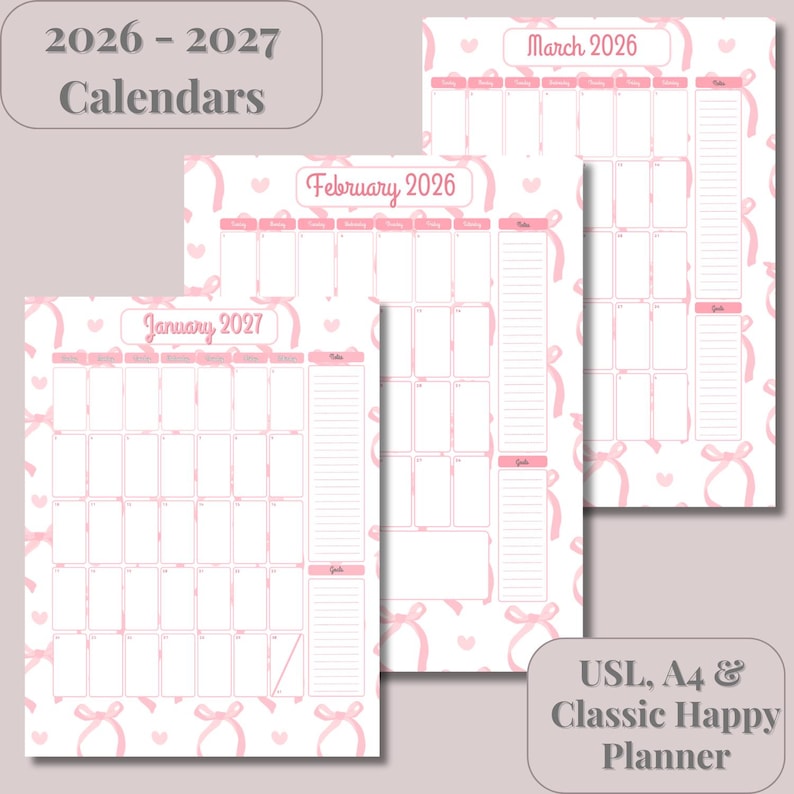 Pink Bow Calendar Organize 2026 2027 Calendar Pretty Pink Bow Printable ...
