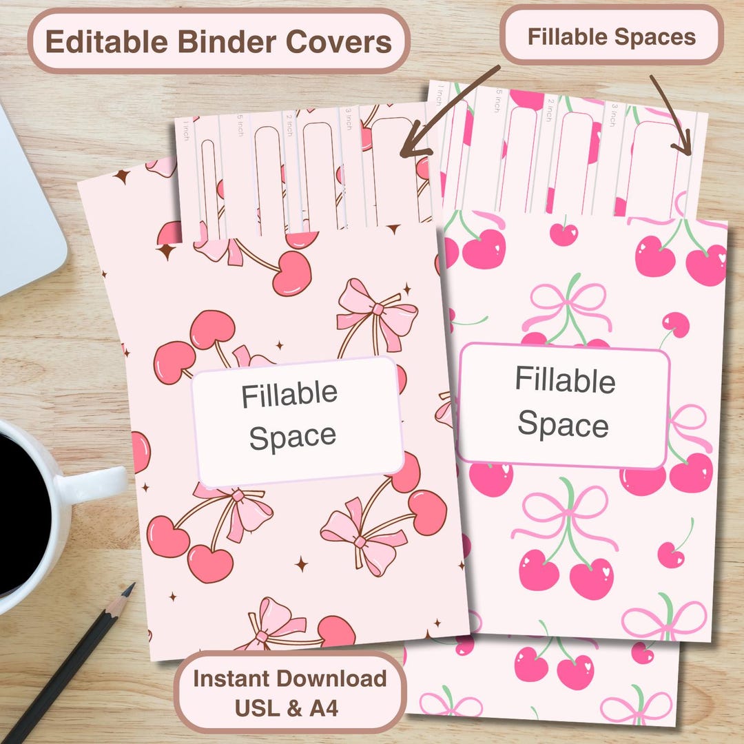 Cherry Heart Binder Cover Fillable With Spine Cute Pink Cherry Heart ...