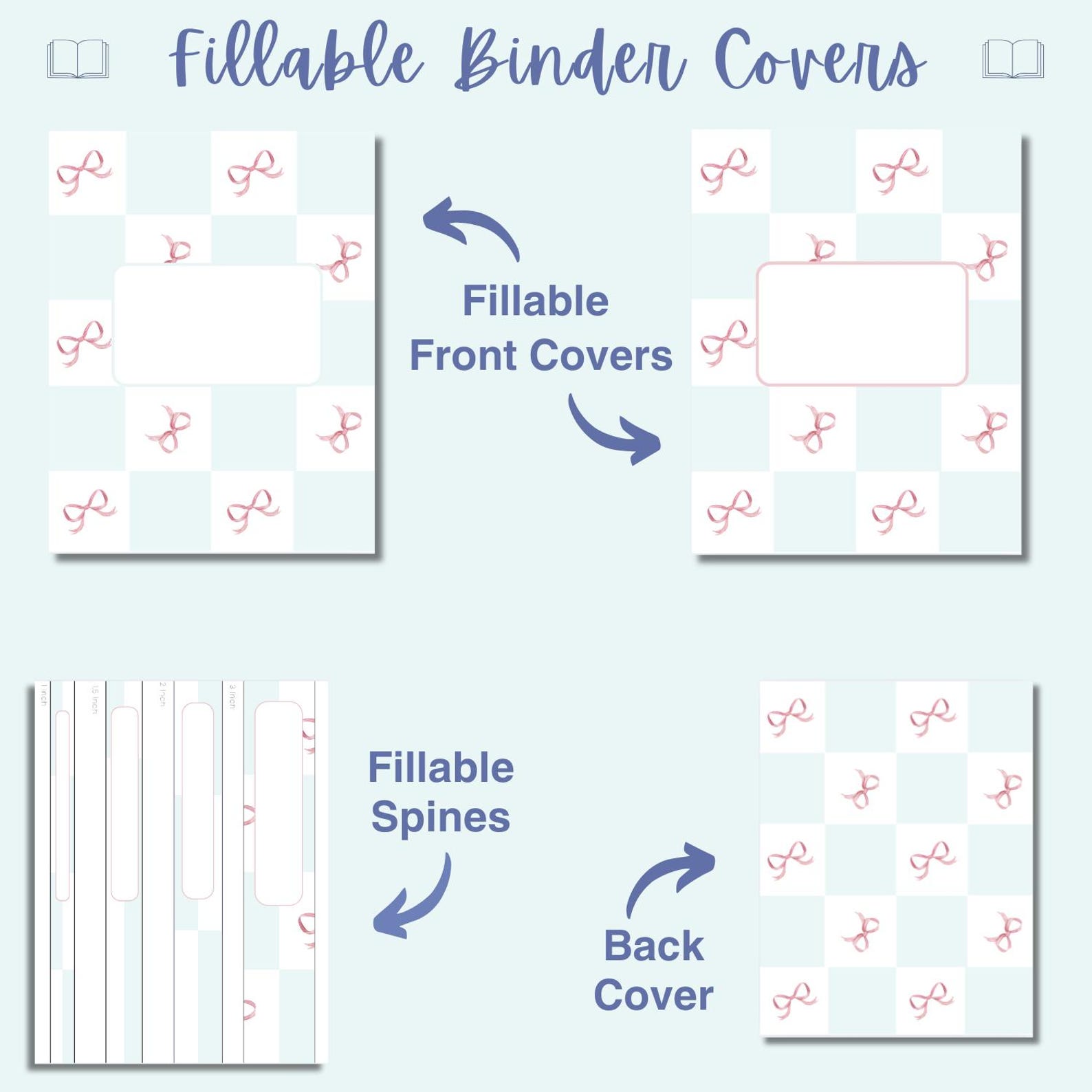 Pink Bow & Blue Binder Cover Fillable Preppy Blue and Pretty Pink Bow ...