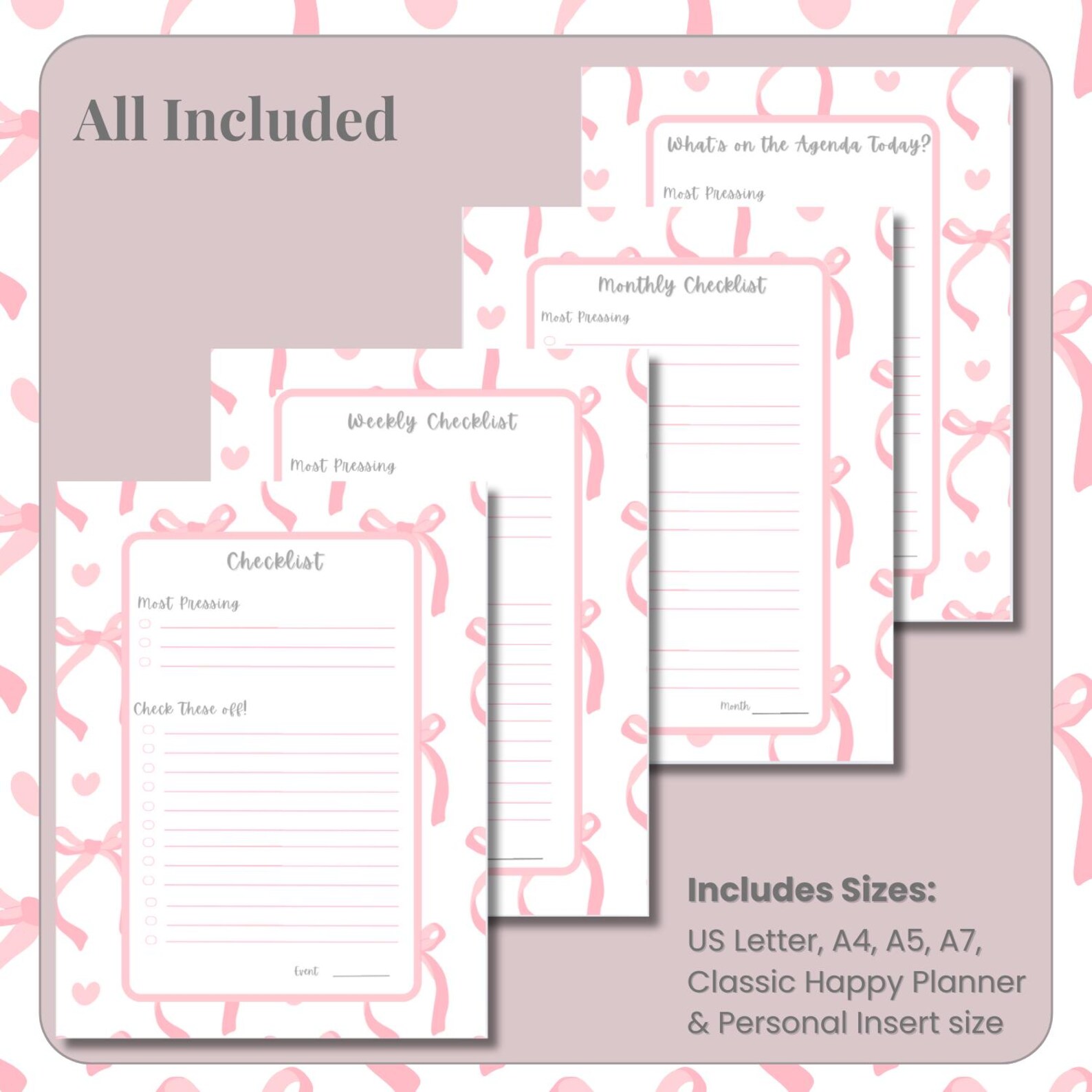 Pink Bow Planner to Do List Girlie Checklist Pink Bow Organization ...