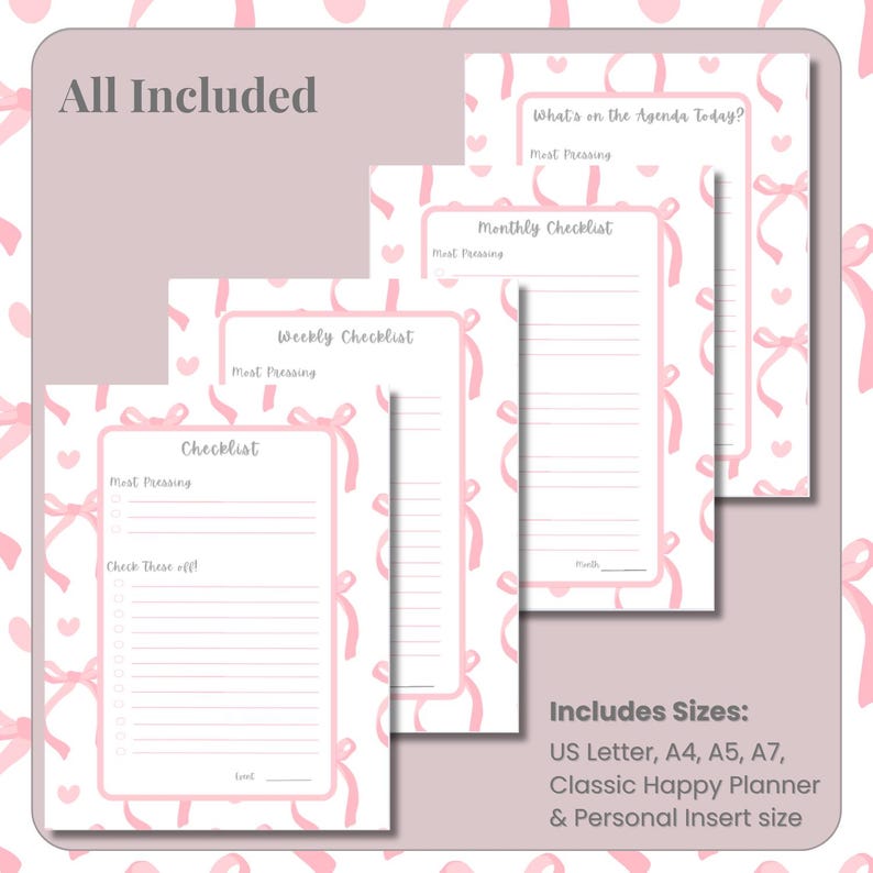 Pink Bow Planner to Do List Girlie Checklist Pink Bow Organization ...