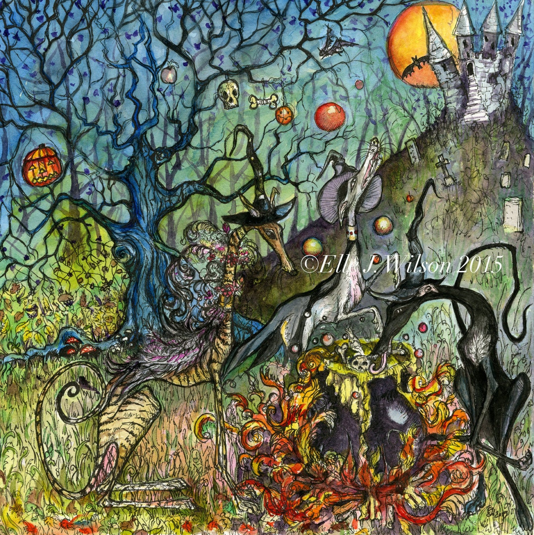 Halloween Greyhound Art - the Witches - Etsy