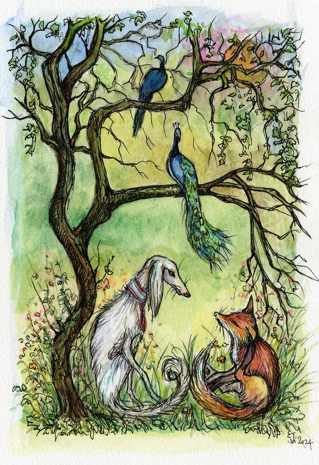 Saluki, Peacocks and Red Fox Art Print - Etsy