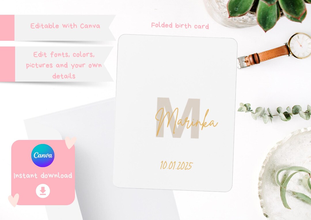 Newborn Folded Birth Card Template Birth Card Digital Product Baby Girl ...