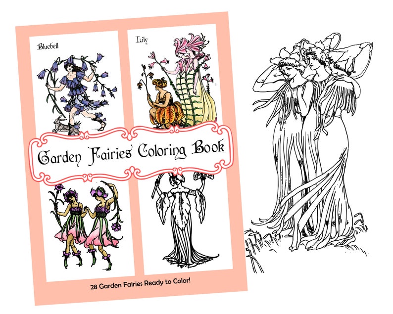 Garden Fairies Coloring Book Fairy Pages Line Art Nouveau - Etsy
