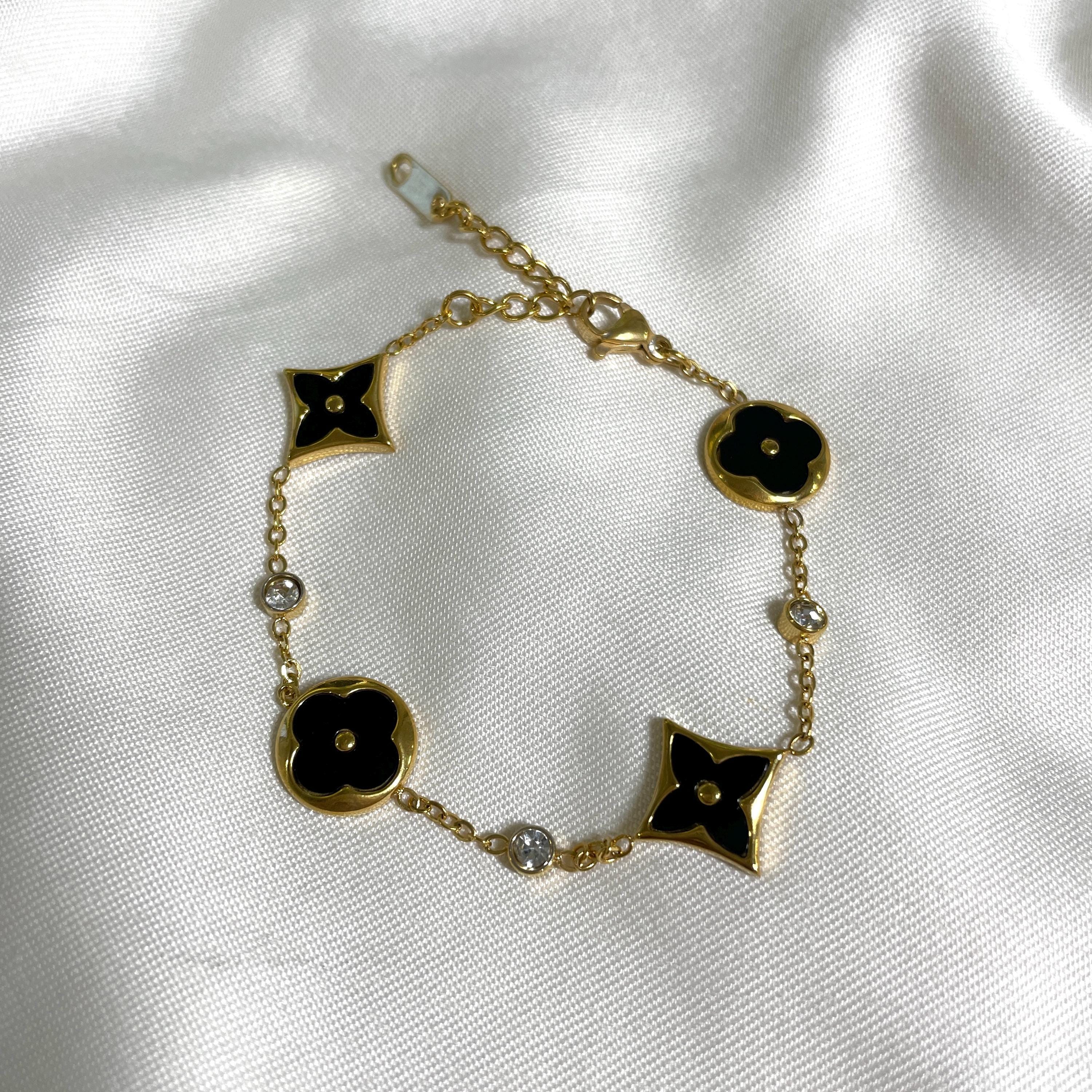 Black and White Gold Crystal Clover Leaf Flower Bracelet - Etsy