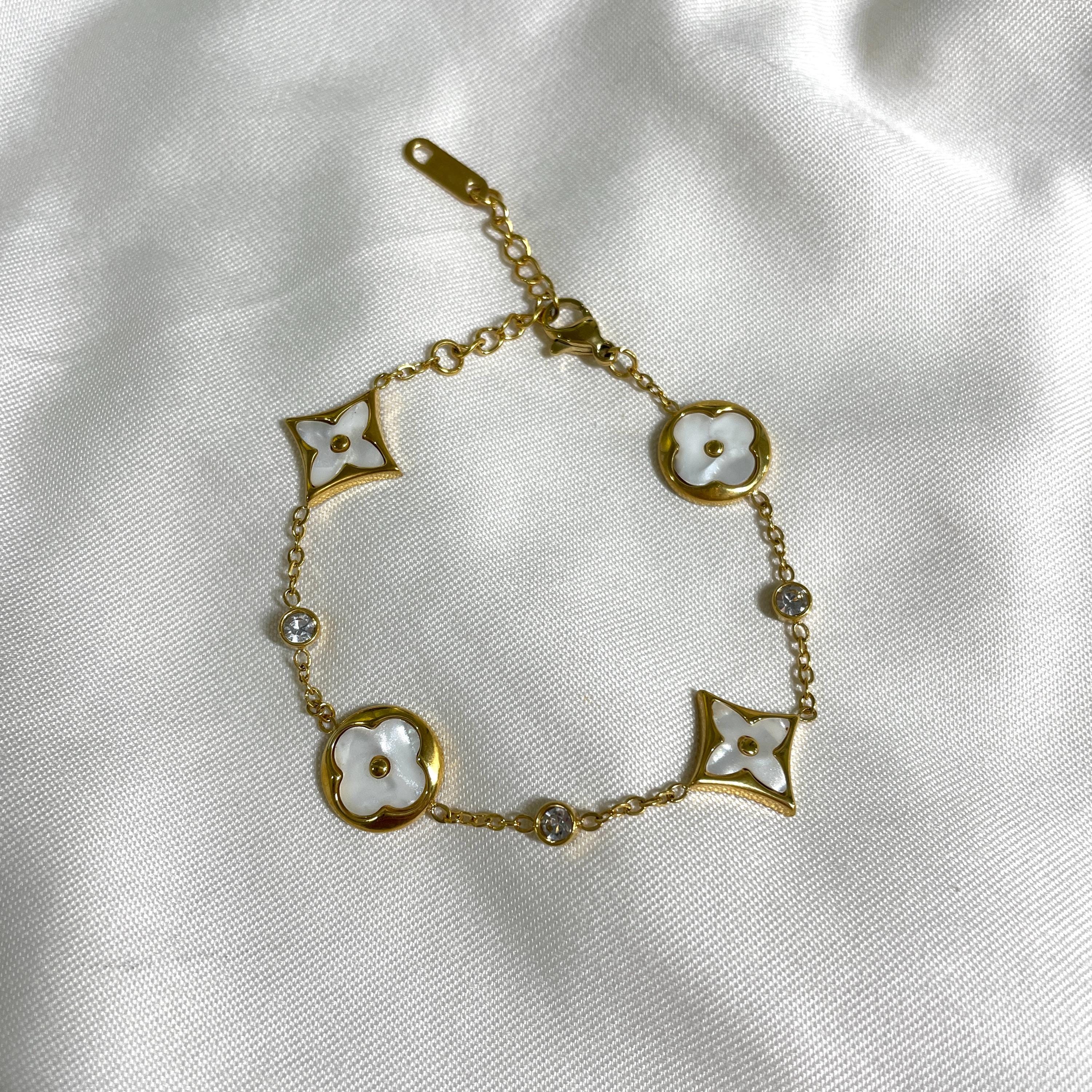 Black and White Gold Crystal Clover Leaf Flower Bracelet - Etsy