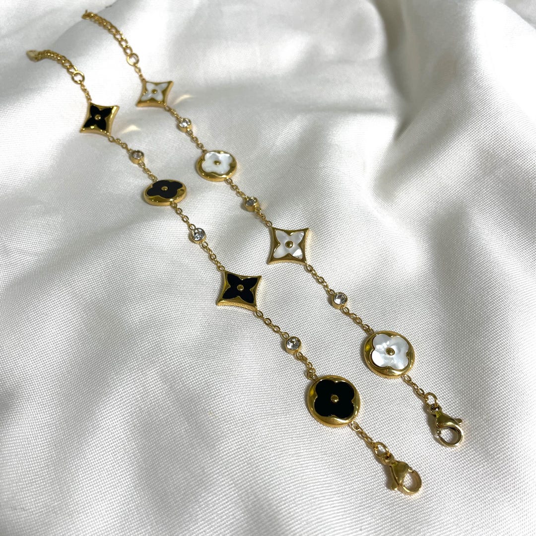 Black and White Gold Crystal Clover Leaf Flower Bracelet - Etsy