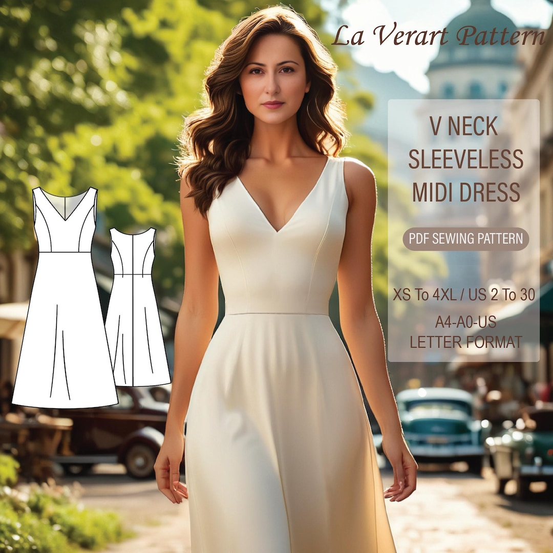 V Neck White Reception Dress Pattern, Sleeveless Linen Summer Dress ...