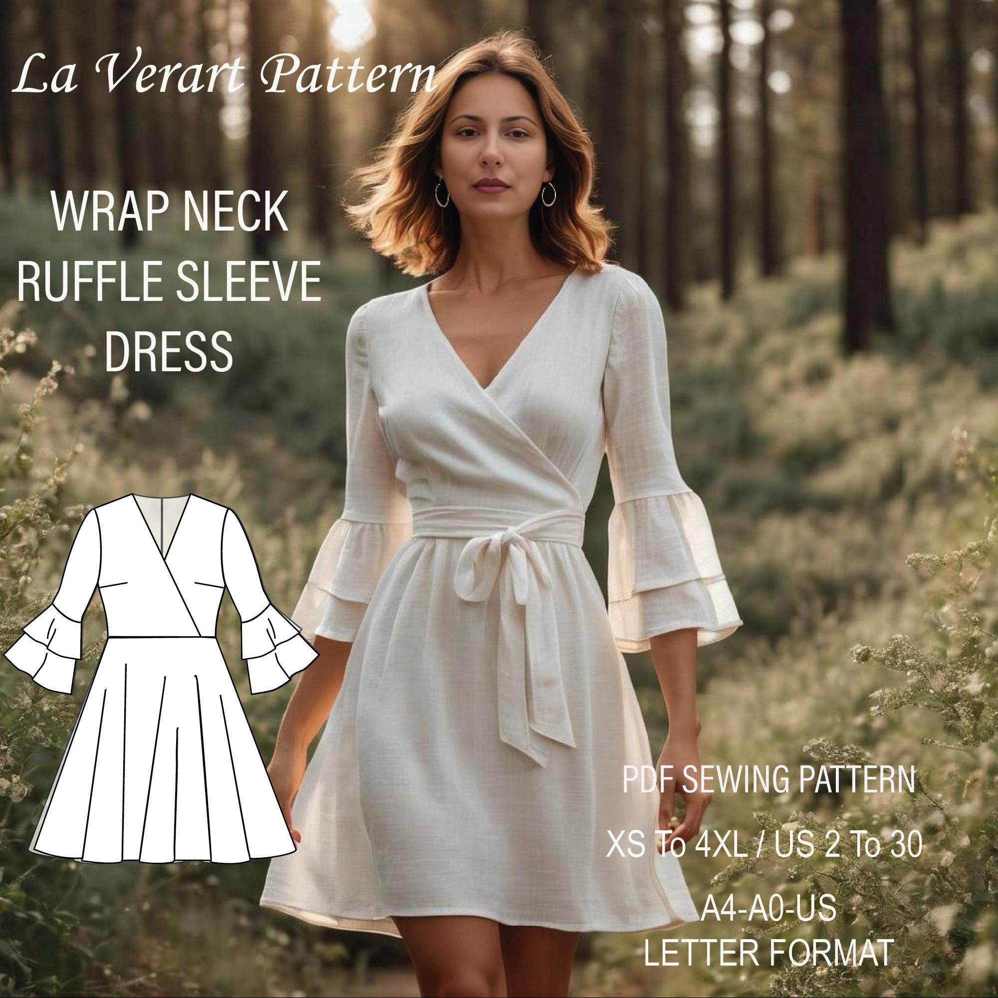Wrap Neck Mini Dress Sewing Pattern, Ruffle Sleeve White Dress Pattern ...