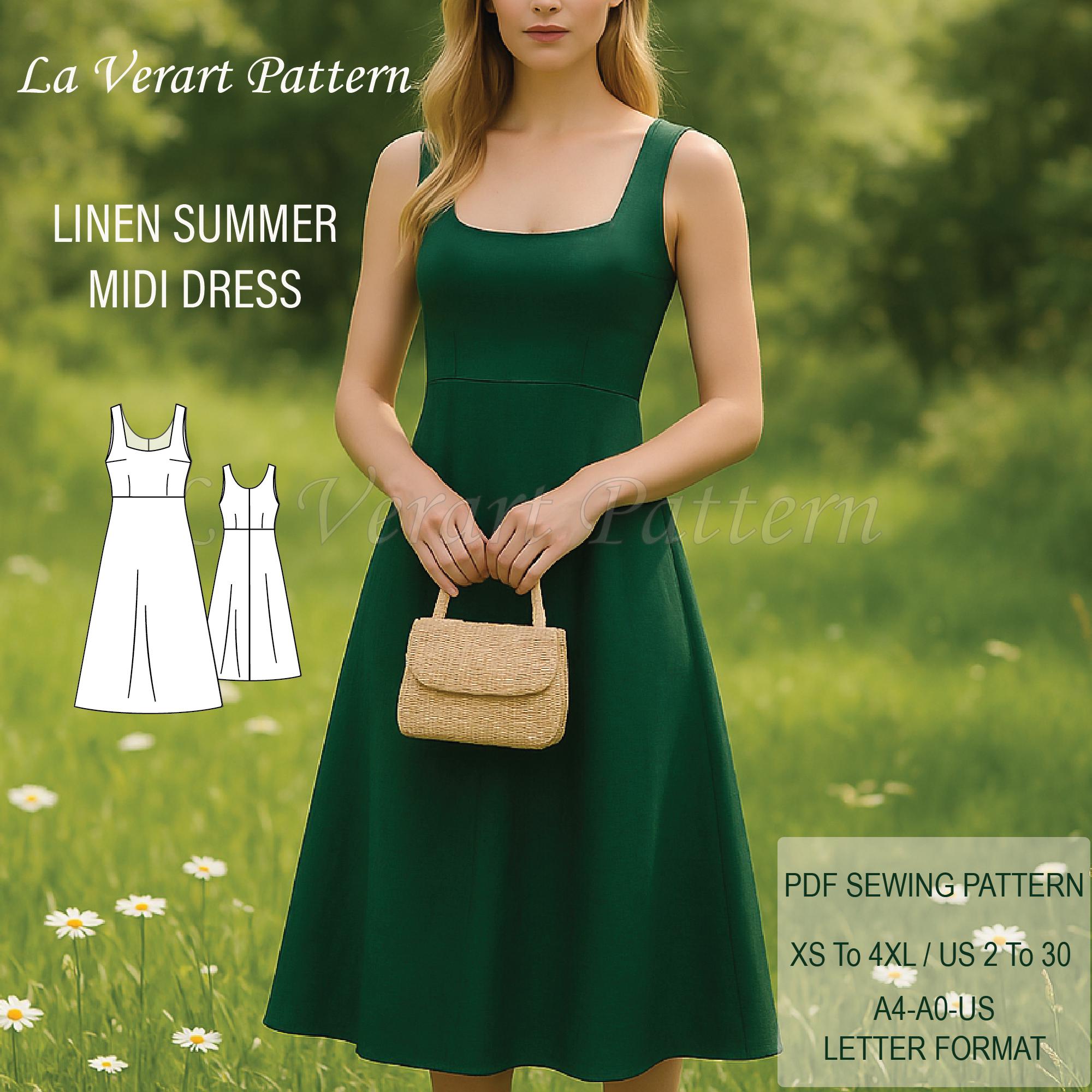 Linen Midi Dress Pattern, Square Neck Backless Summer Dress ...