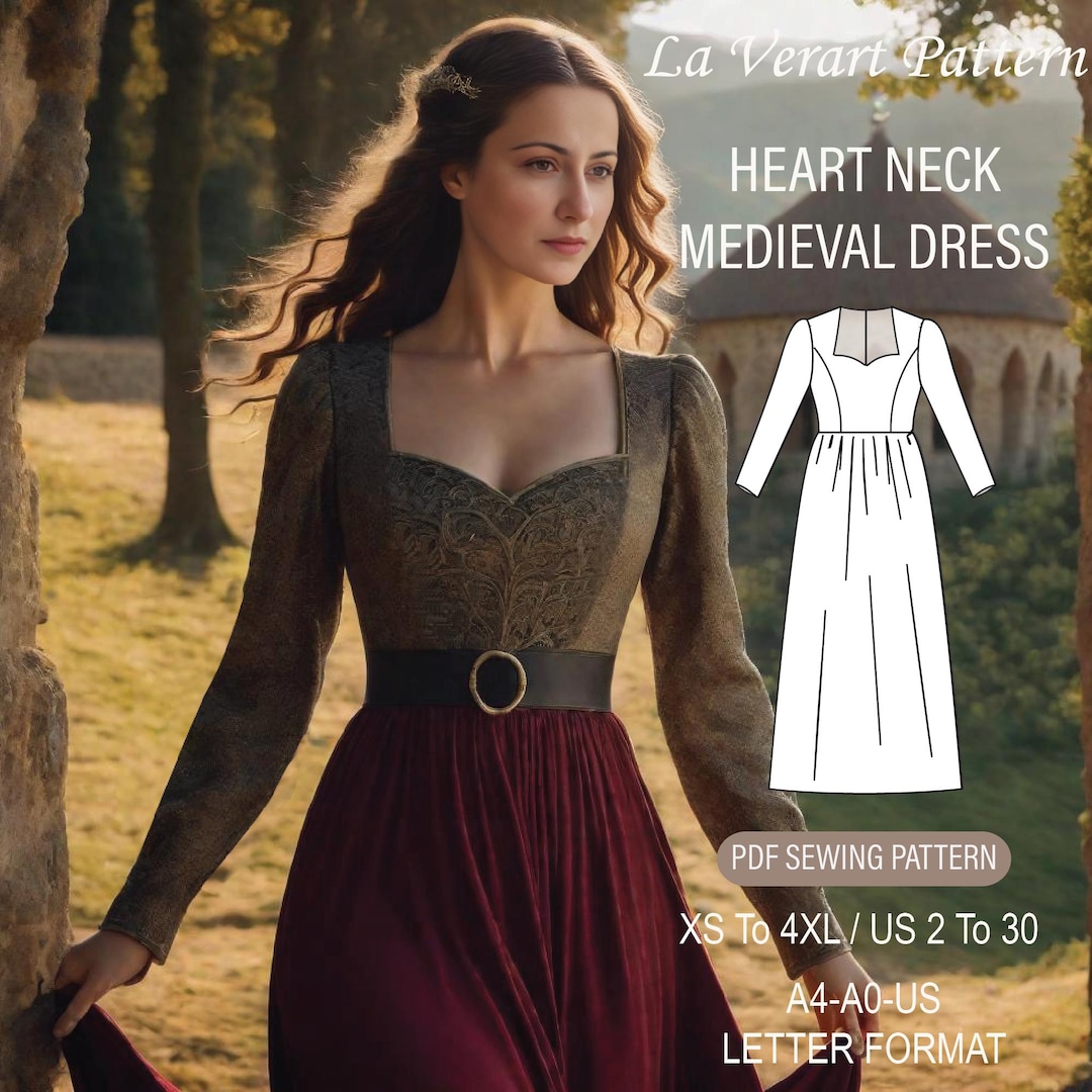 Renaissance Dress Sewing Pattern, Heart Neck Long Sleeve Maxi Dress ...
