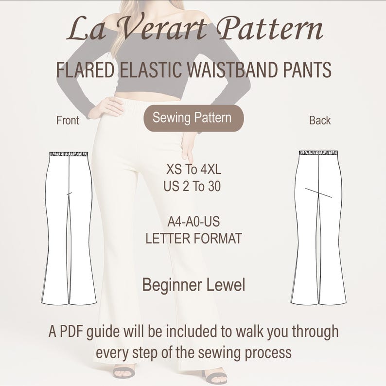 High Waist Flare Pants Sewing Pattern, Elastic Wide Leg Trousers PDF Sewing Pattern, Women’s ...