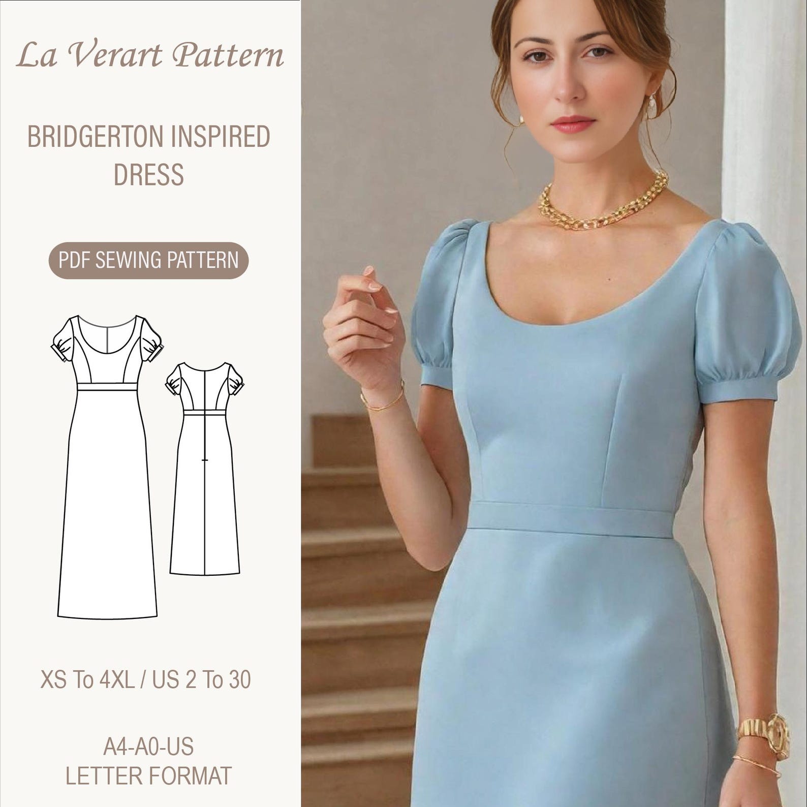 Bridgerton Dress Sewing Pattern, Scoop Neck Empire Waist Dress, Puff ...
