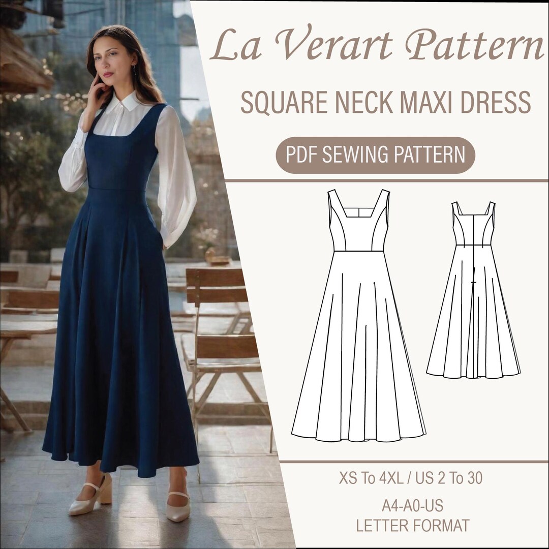 Modest Maxi Dress Sewing Pattern, Square Neck Backless Prom Dress ...