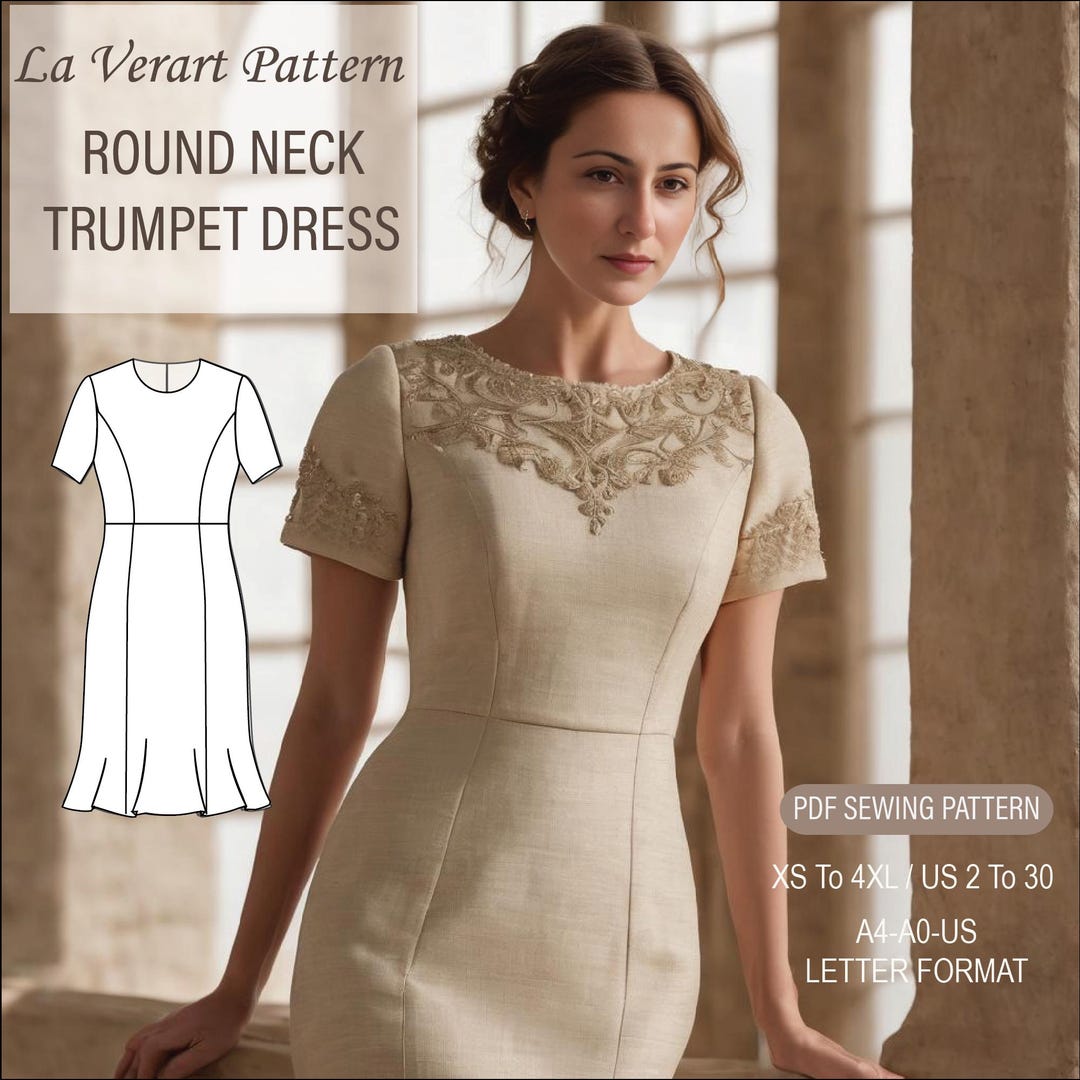 Trumpet Dress Sewing Pattern: Round Neck Midi Gown (PDF Pattern) - Etsy