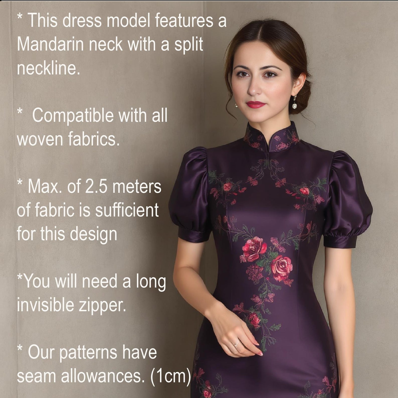 Mandarin Neck China Cheongsam Dress Sewing Pattern, Short Bishop Sleeve ...