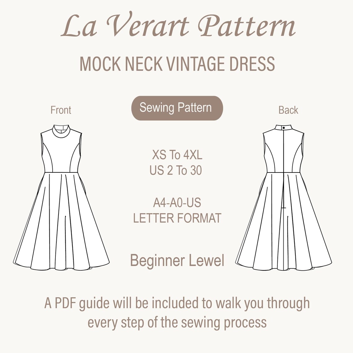 Vintage Mock Neck Dress Sewing Pattern: Beginner-friendly (A0 A4 US ...
