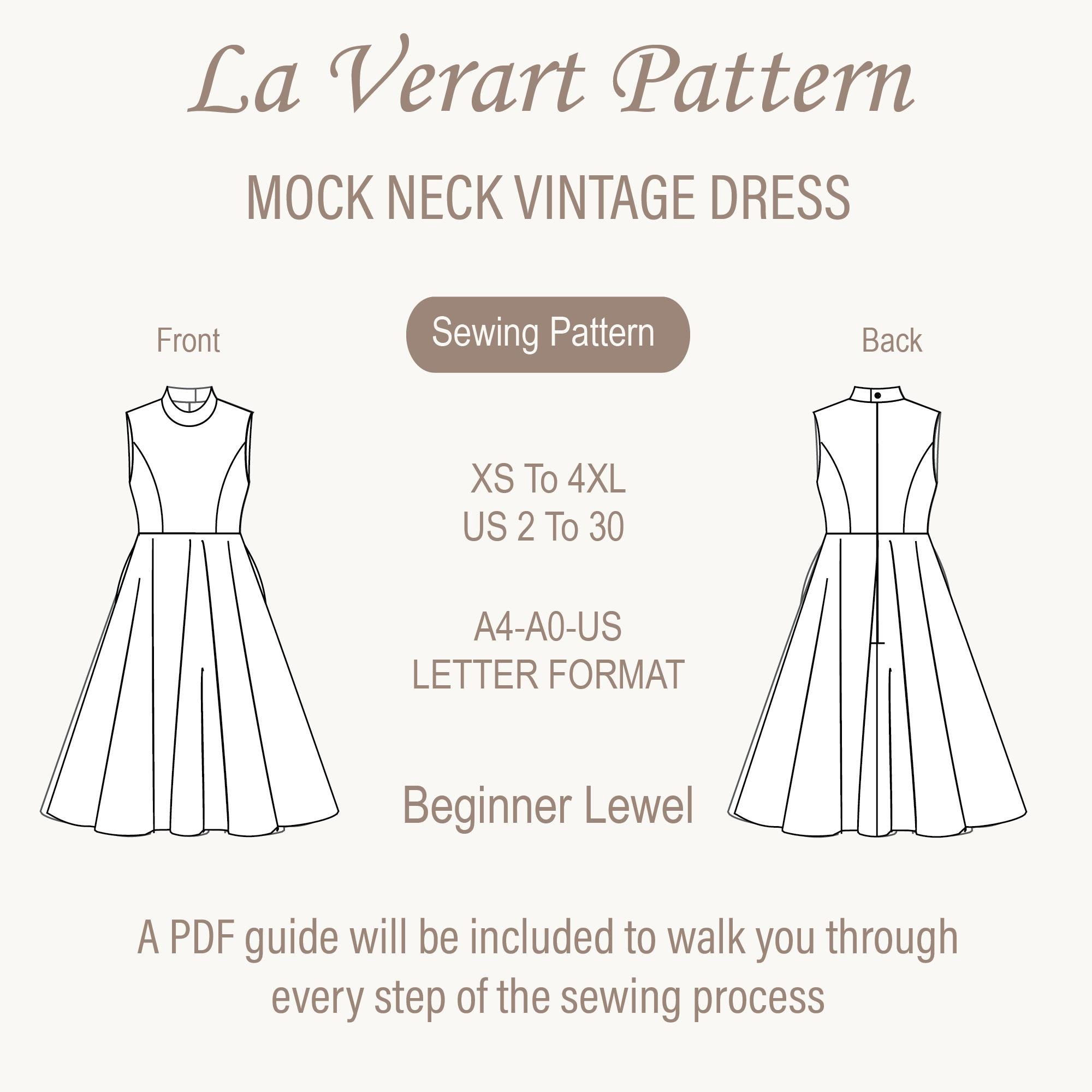 Vintage Mock Neck Dress Sewing Pattern: Beginner-friendly (A0 A4 US ...