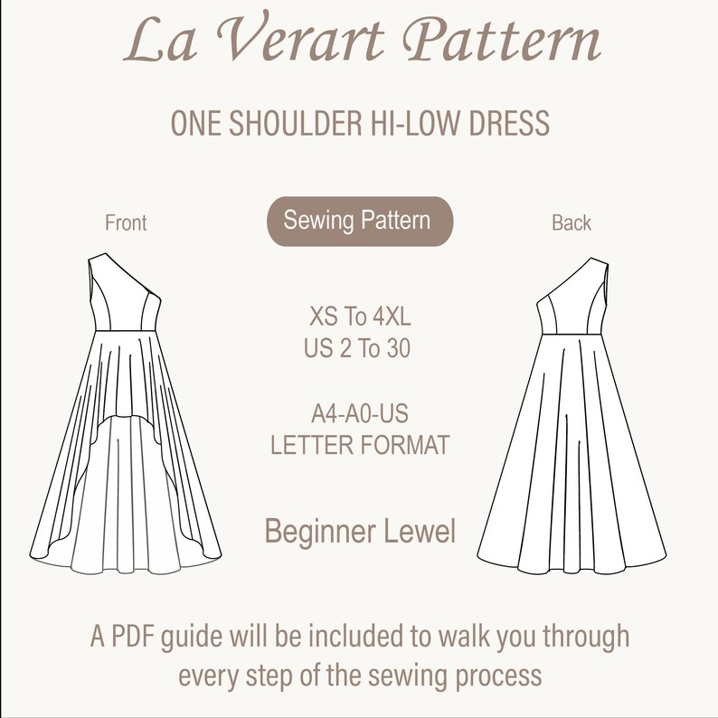 One Shoulder Evening Gown Sewing Pattern, High Low Dress Prom Dress ...