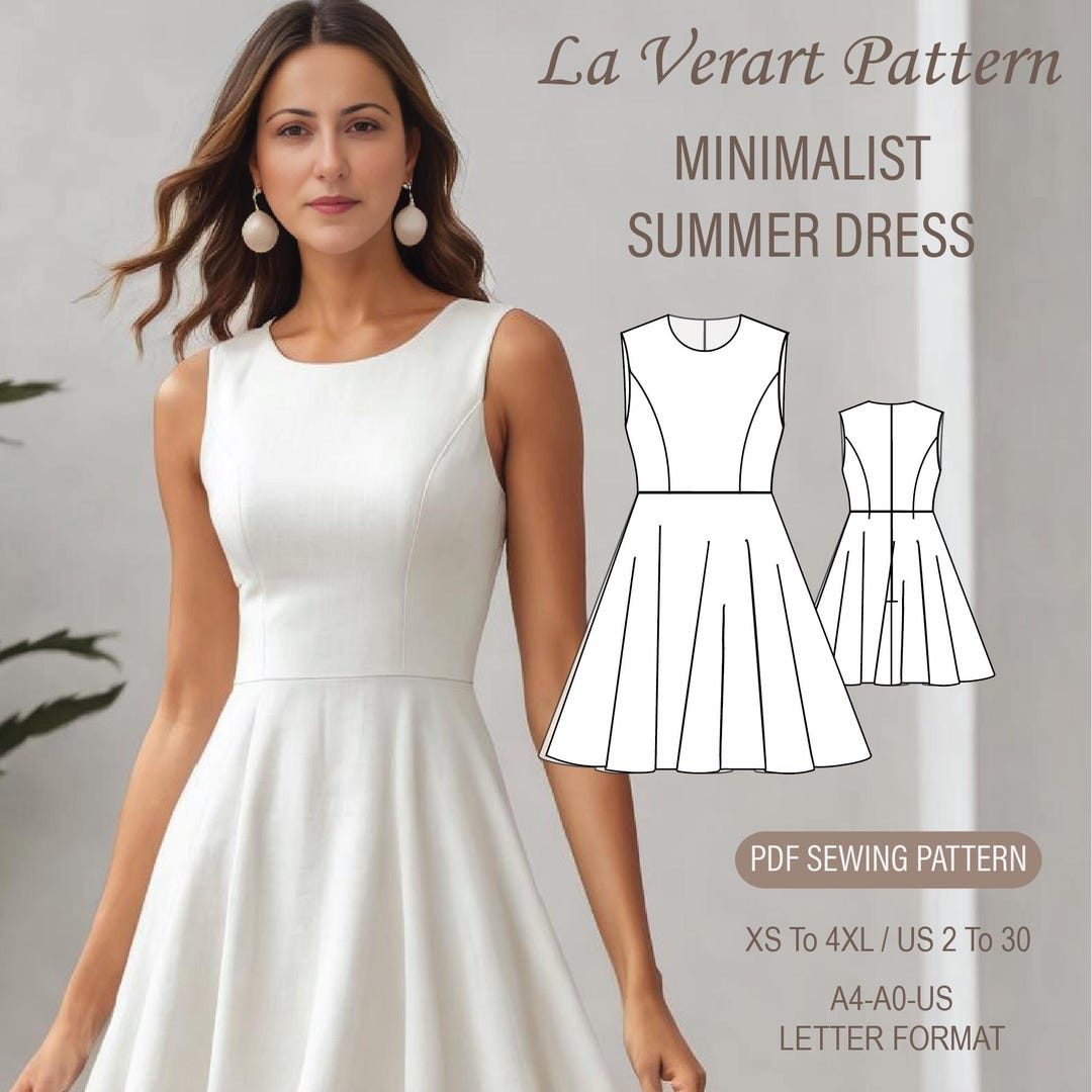 Round Neck Elopement Dress Sewing Pattern, Summer Minimalist Dress ...