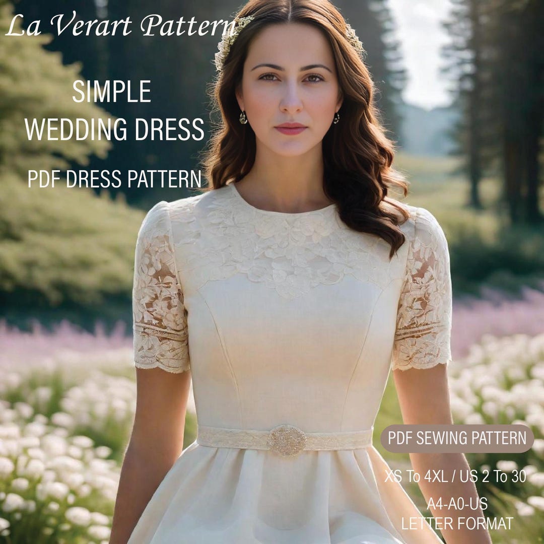 Lace Wedding Dress Sewing Pattern: Simple Round Neck, US 2-30 (PDF ...