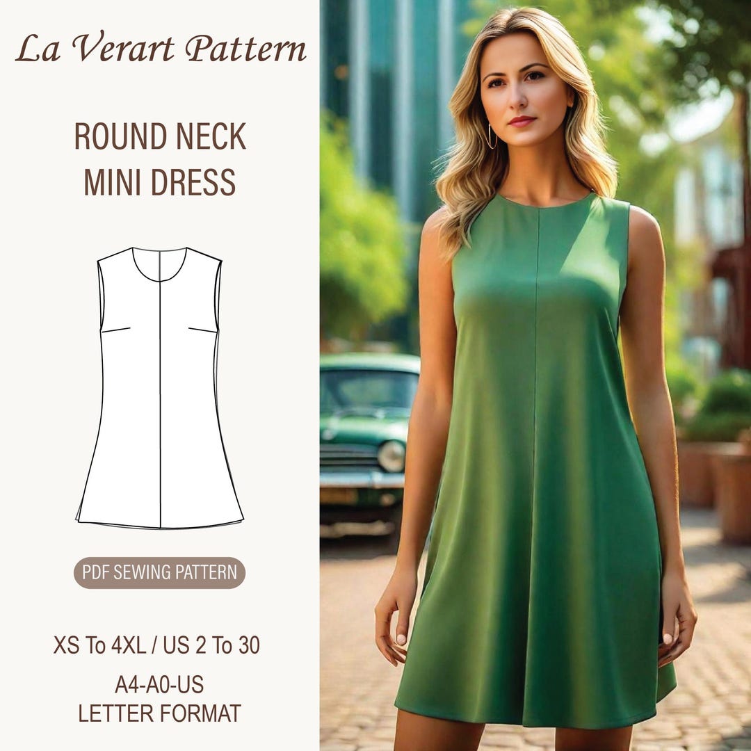 Round Neck Shift Mini Dress Sewing Pattern, Linen Tent Dress Sewing ...