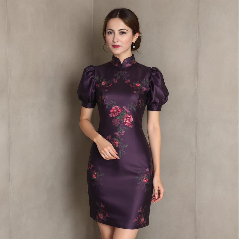 Mandarin Neck China Cheongsam Dress Sewing Pattern, Short Bishop Sleeve ...