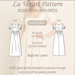 Scoop Neck Linen Dress Sewing Pattern, Puff Sleeve Cottagecore Dress ...