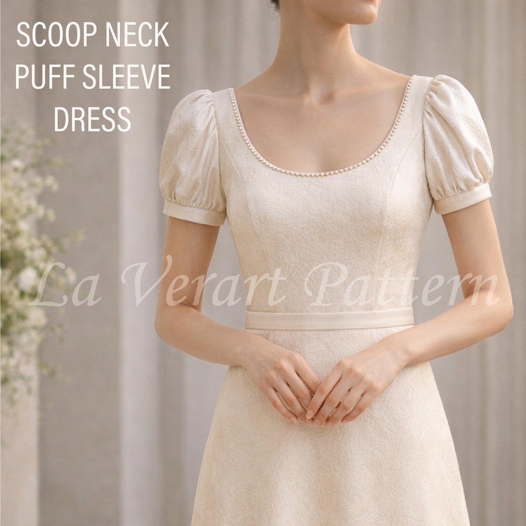 Regency Empire Style Gown Dress Pattern, Scoop Neck Puff Sleeve Maxi ...