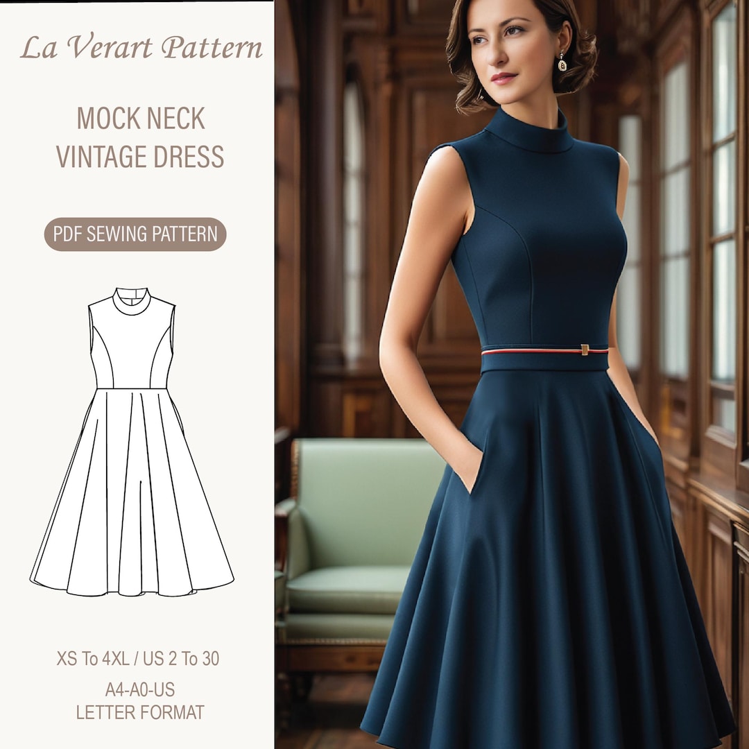 Vintage Mock Neck Dress Sewing Pattern: Beginner-friendly (A0 A4 US ...