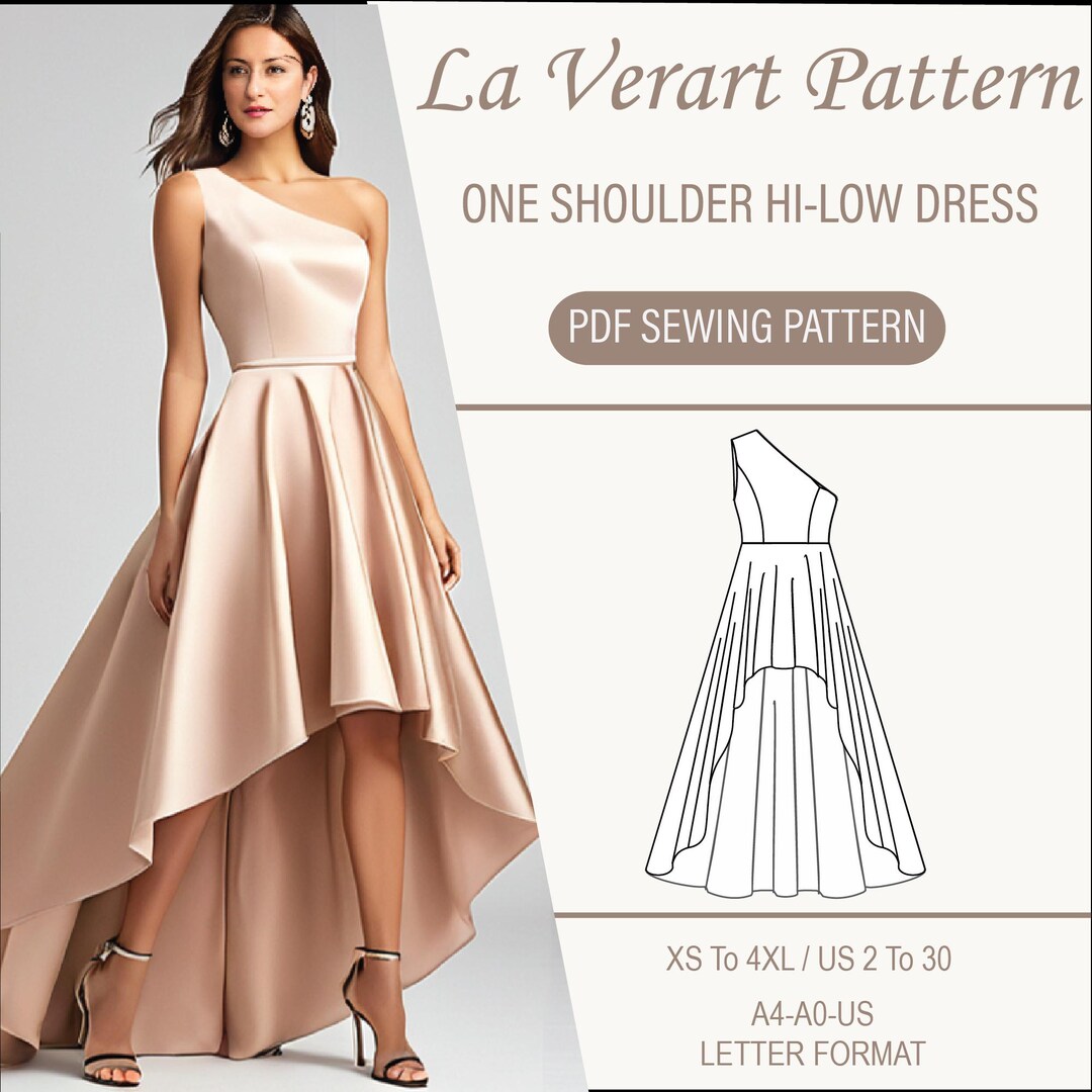 One Shoulder Evening Gown Sewing Pattern, High Low Dress Prom Dress ...