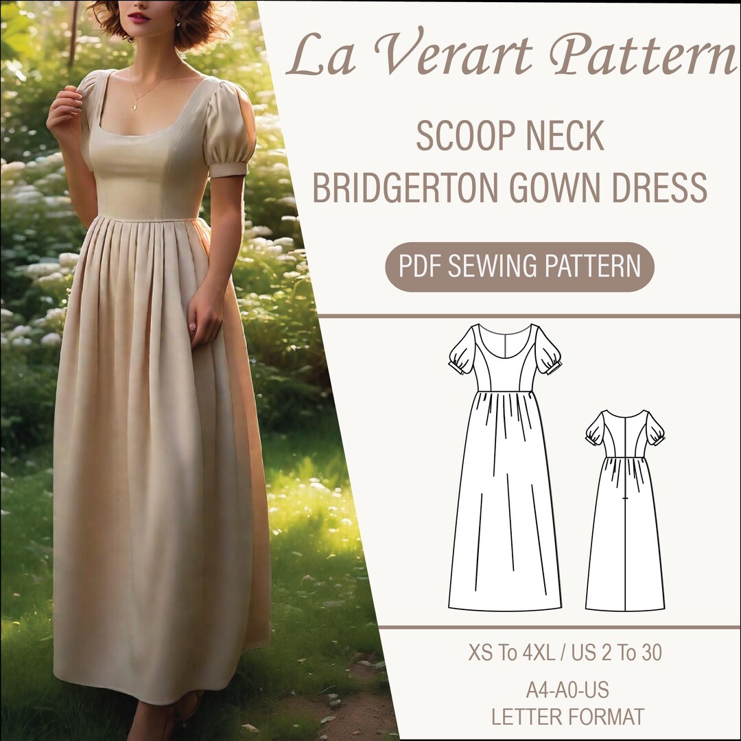 Victorian Dress Sewing Pattern, Scoop Neck Regency Dress, Puff Sleeve ...