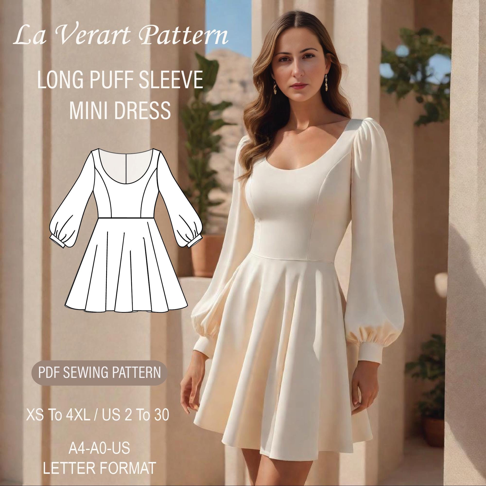 Scoop Neck Mini Dress Sewing Pattern, Puff Long Sleeve Dress Sewing ...