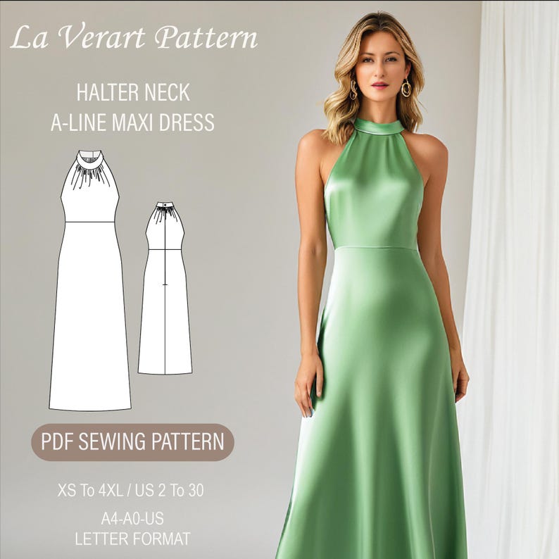 Halter Neck Dress Sewing Pattern, A-line Silk Summer Bridal Gown Maxi ...