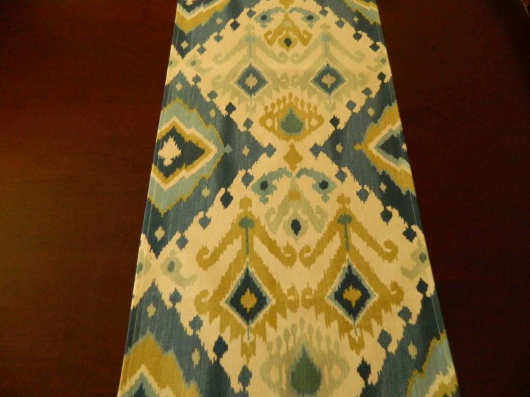 Ikat Table Runner. Blue, Green, and White Table Runner. 72 Runner. Year Round Table Runner ...