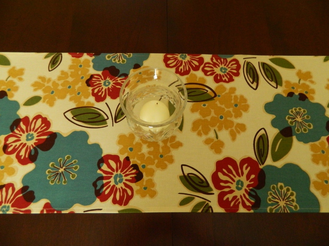 Floral Table Runner on Cream. Retro Table Runner. Turquoise, Gold, Red ...