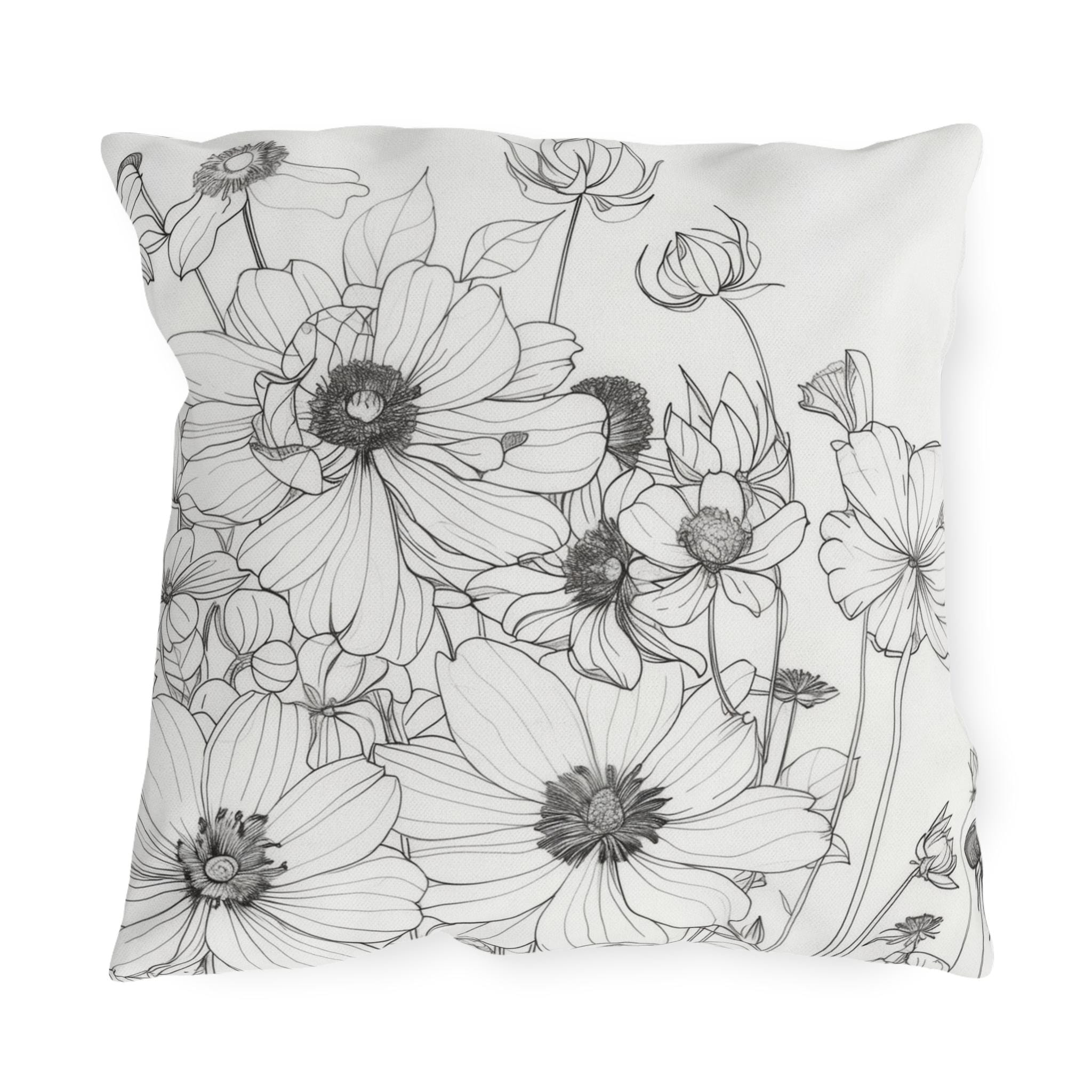 Wildflower Line Drawing Pillow High-quality Outdoor Decorative Pillow ...