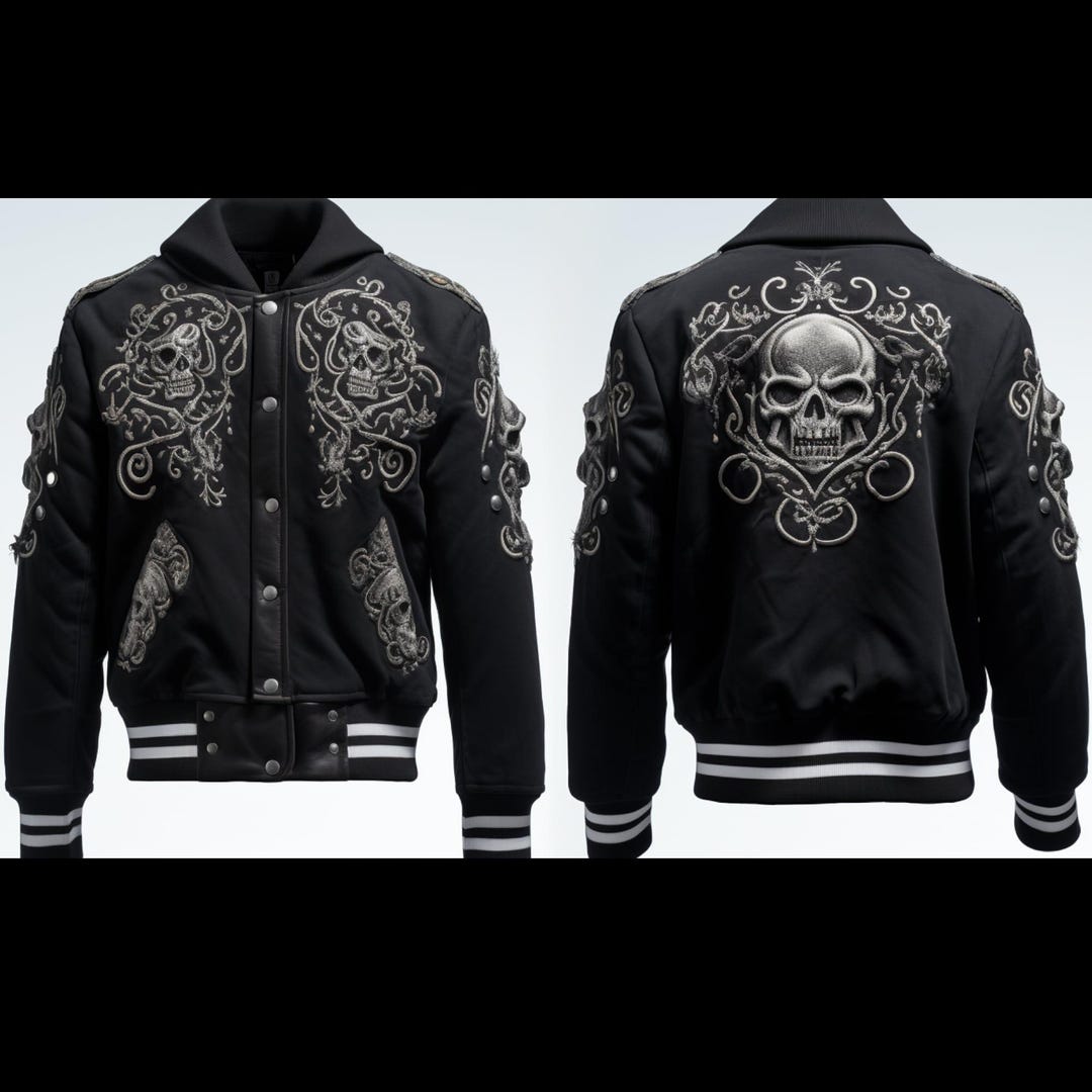 Gothic Skull Embroidered Varsity Jacket Black Bomber With Silver Thread ...