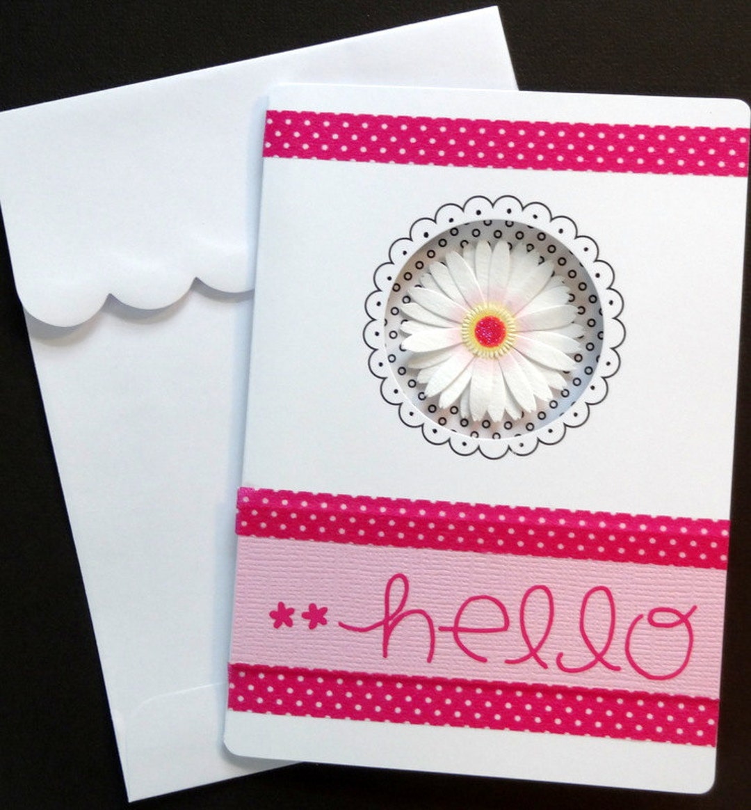 Handmade Hello Blank Note Card Pink Polkadots Flower Free - Etsy Polska