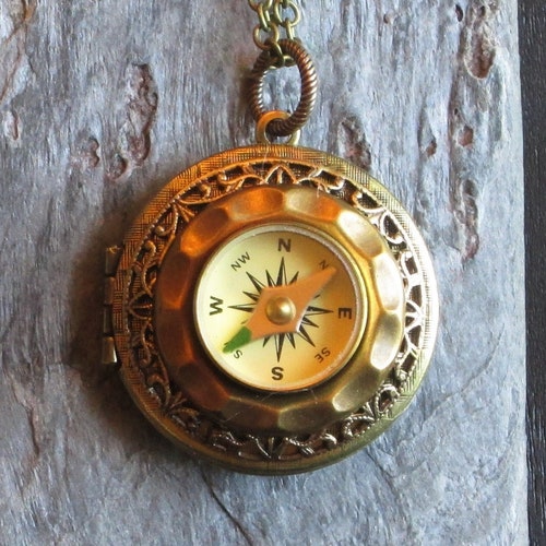 Working Compass Locket Necklace Antique Silver Round Locket - Etsy
