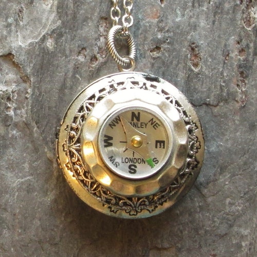 Working Compass Locket Necklace Antique Silver Round Locket - Etsy