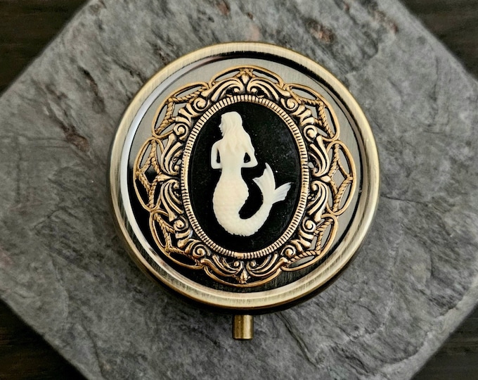 Mermaid Pill Box, Antique Brass Cameo Pill Box, Nautical Pill Box ...