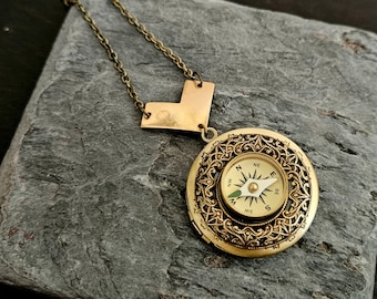 Working Compass Locket Necklace Antique Brass Round Locket - Etsy