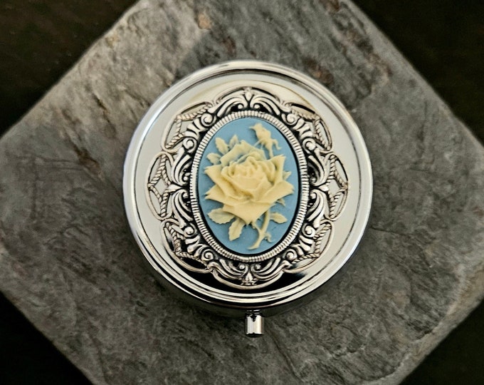 Rose Cameo Pill Box Container, Silver Pill Box, Blue Rose Silver Pill ...