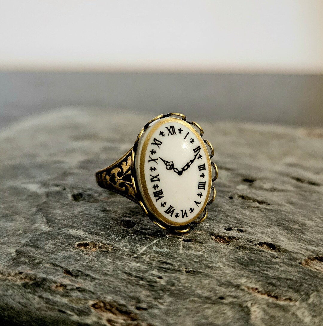Clock Cameo Ring, Antique Brass Ring, Cameo Ring, Alice in Wonderland ...