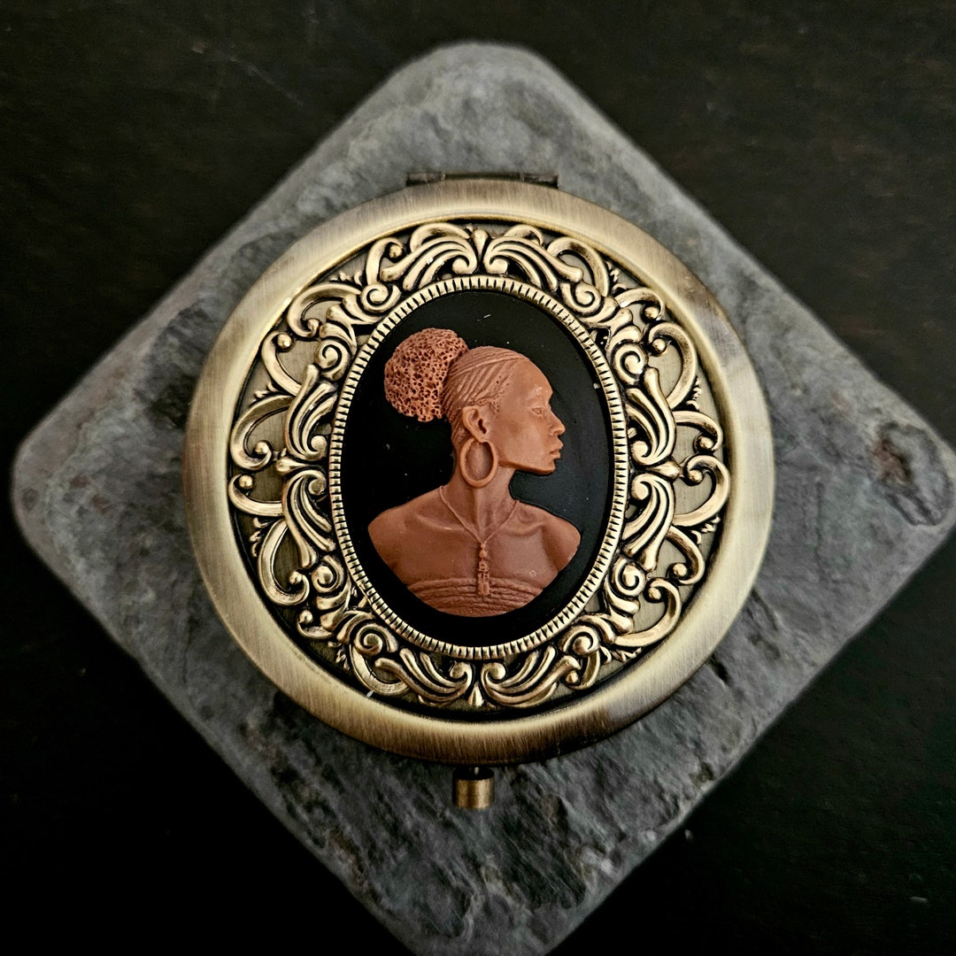 African Cameo Compact Mirror, Antique Brass Filigree Frame - Etsy
