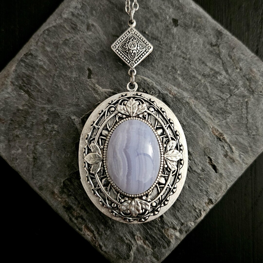 Art Deco Blue Lacy Agate Locket, Oval Gemstone Locket, Large Locket ...