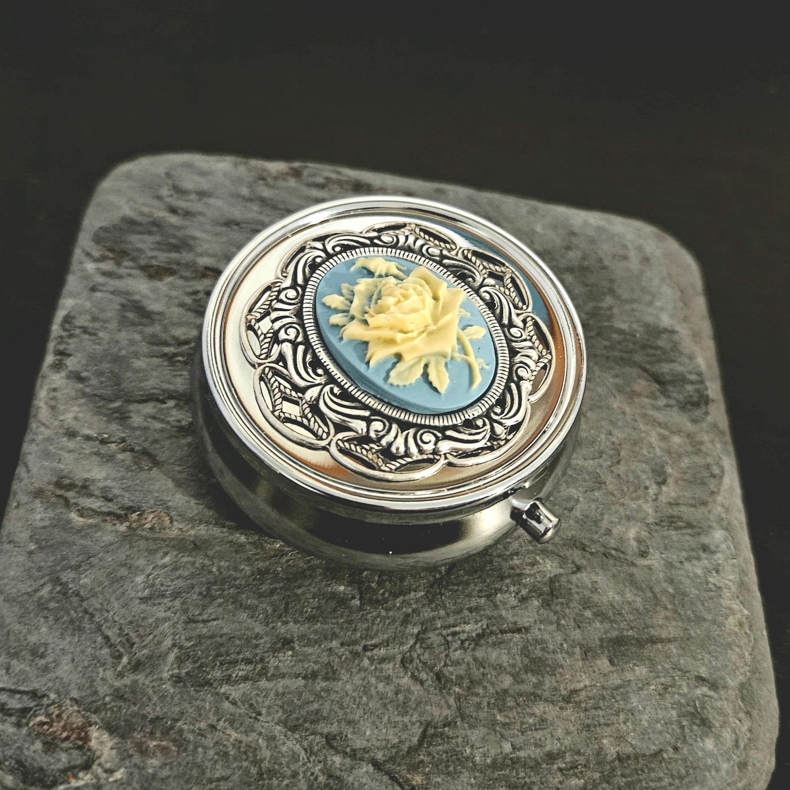 Rose Cameo Pill Box Container, Silver Pill Box, Blue Rose Silver Pill ...