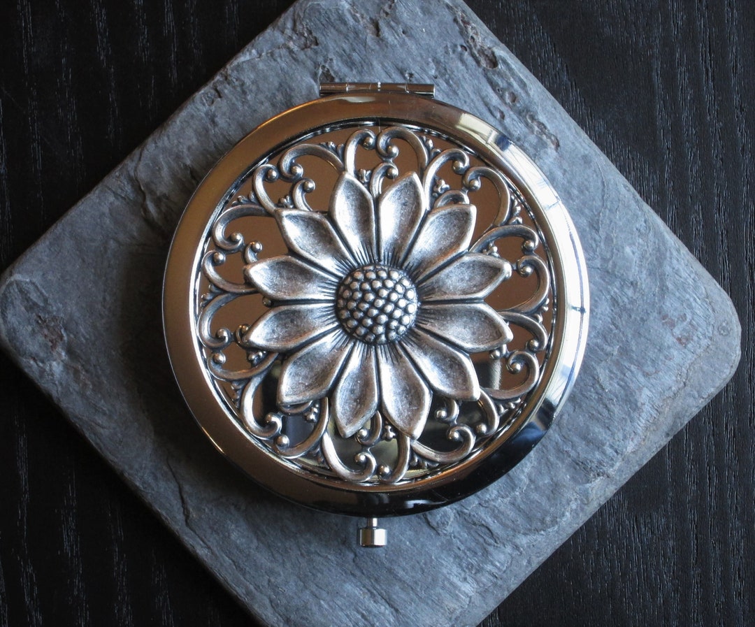 Sunflower Compact Mirror, Silver Compact Mirror, Flower Compact ...